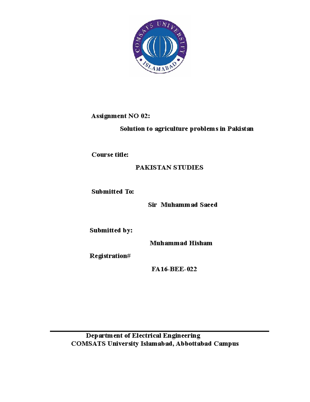 Assignment NO 2 - Grade: A - Assignment NO 02: Solution to agriculture problems in Pakistan ...