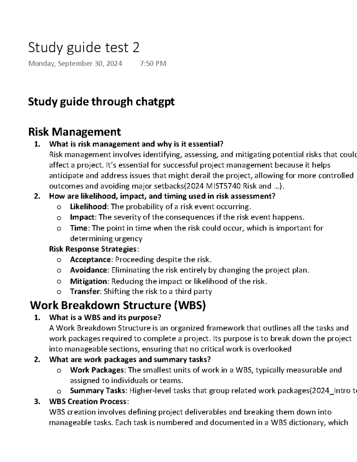 Study guide test 2 Mist - Summary Project Management - Study guide ...