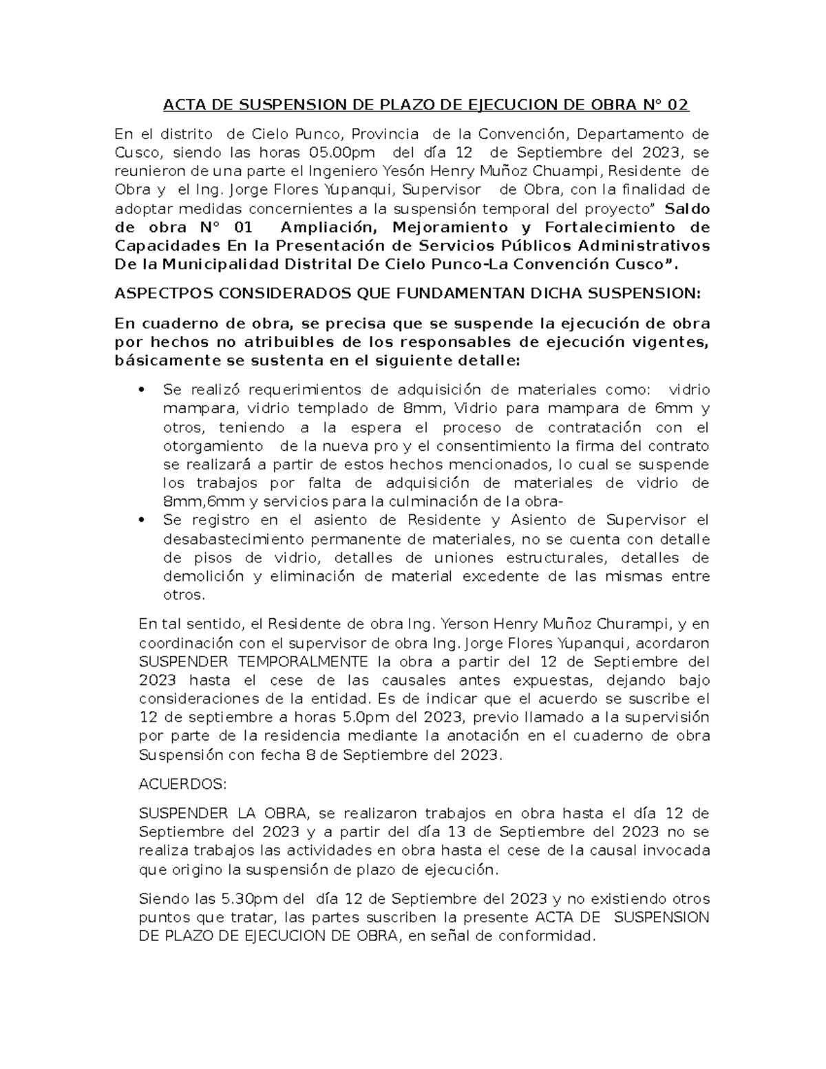 ACTA DE Suspension DE Plazo DE Ejecucion DE OBRA N - ACTA DE SUSPENSION DE PLAZO DE EJECUCION DE ...