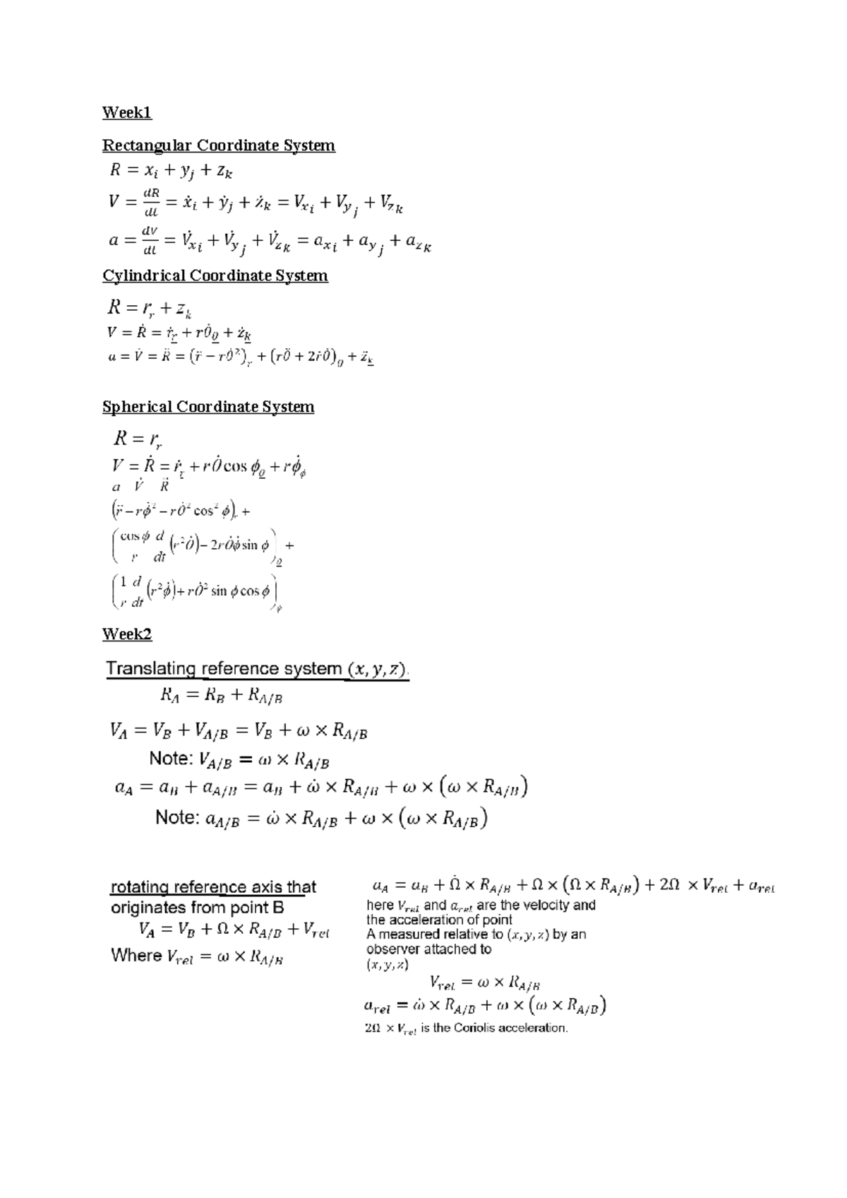 Formula sheet 3453 - Week Rectangular Coordinate System Cylindrical ...