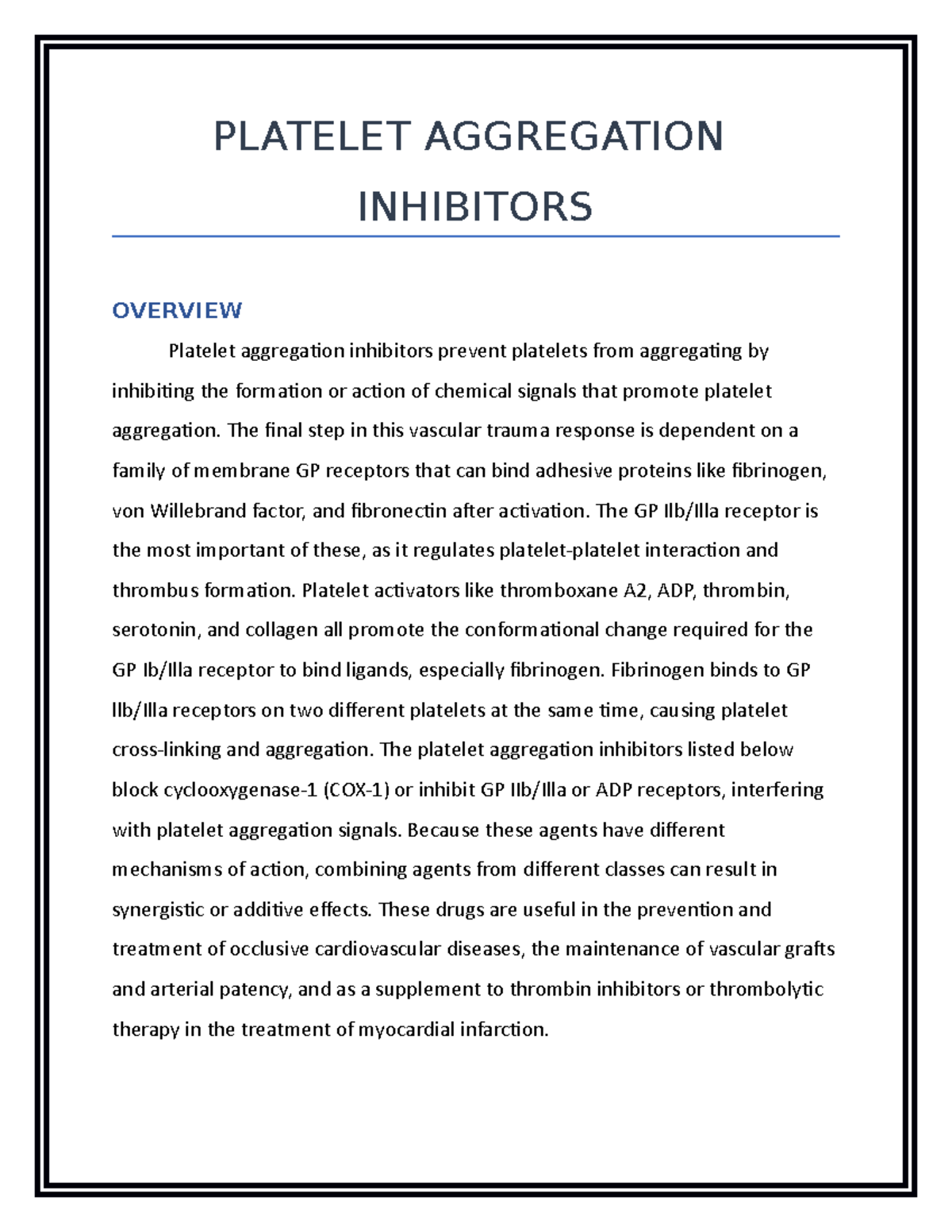 AN Overview OF Platelet Aggregation Inhibitior - PLATELET AGGREGATION ...