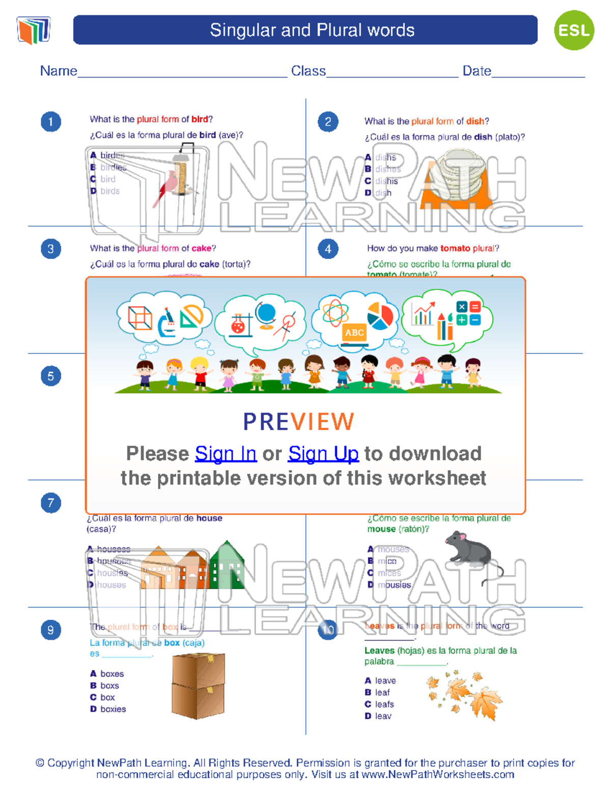 Worksheet esl grade 3 4 5 singular and plural words - Singular and ...