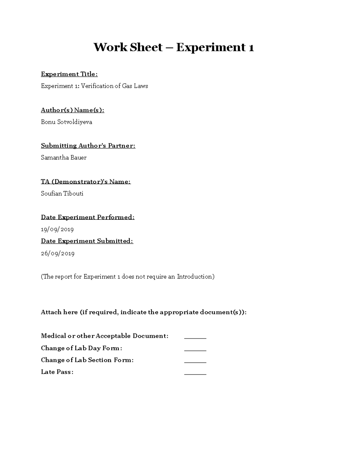 Experiment 1 worksheet 19 - Work Sheet – Experiment 1 Experiment Title ...