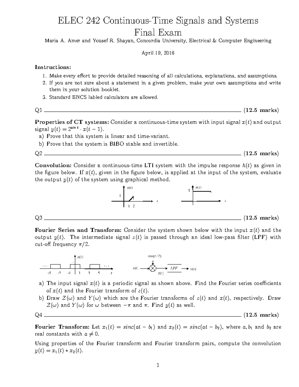 Elec242 w16 final exam 2016 - ELEC 242 Continuous-Time Signals and Systems Final Exam Maria A ...