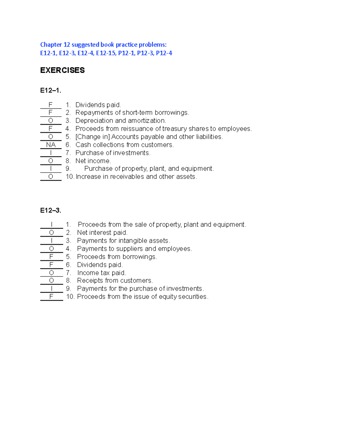 Chapter 12 Suggested Book Problems - Chapter 12 suggested book practice problems: E12-1, E12-3 ...
