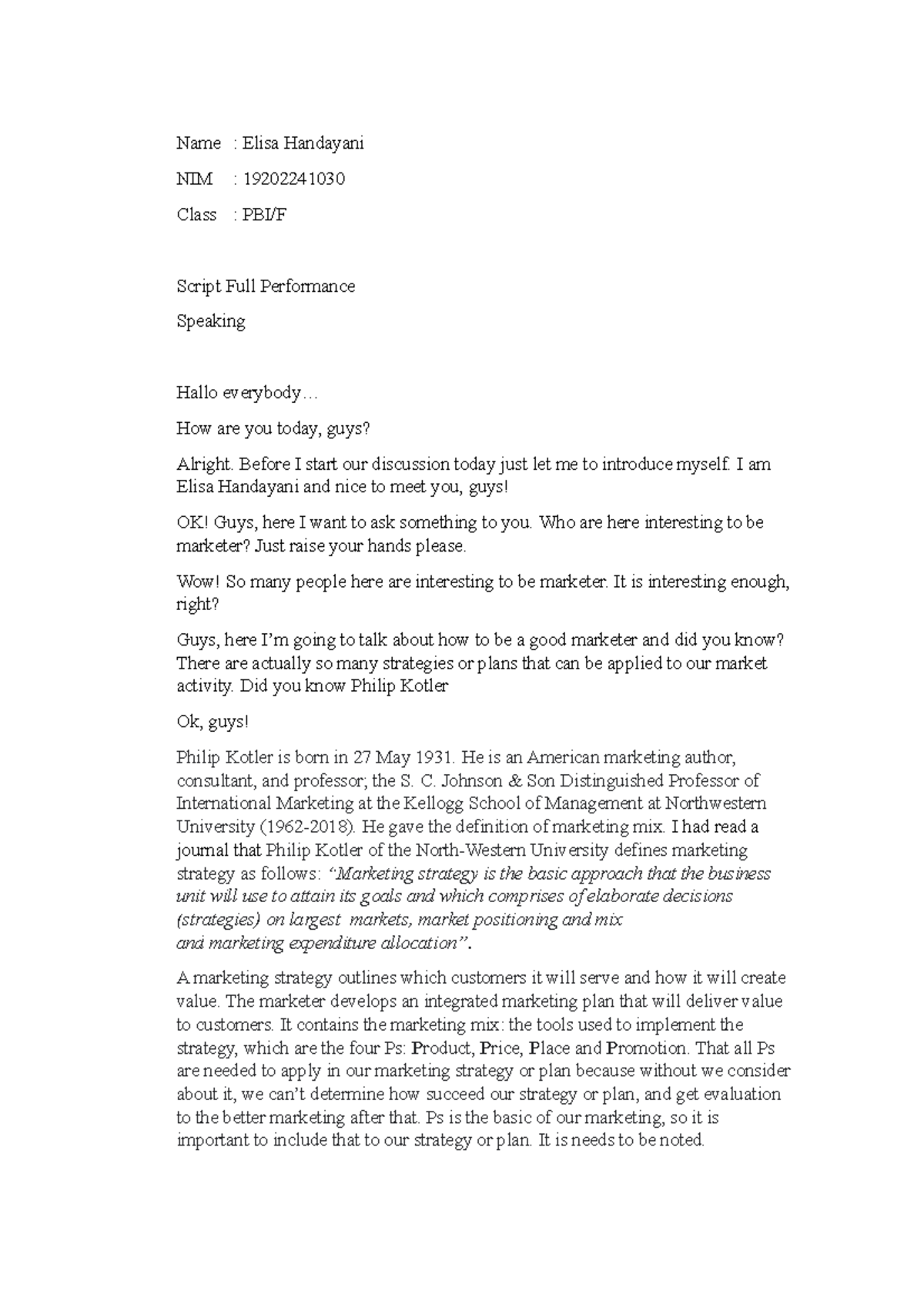 Brief Script of Speaking Opening-Closing Performance - Name : Elisa ...