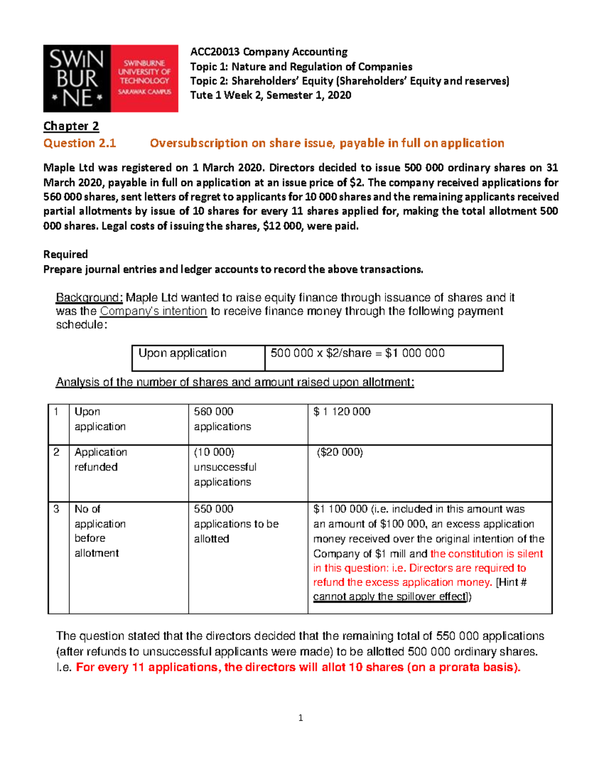 CA Tute Questions S1 2020 Week 2 Solutions - Warning: TT: undefined function: 32 ACC20013 ...
