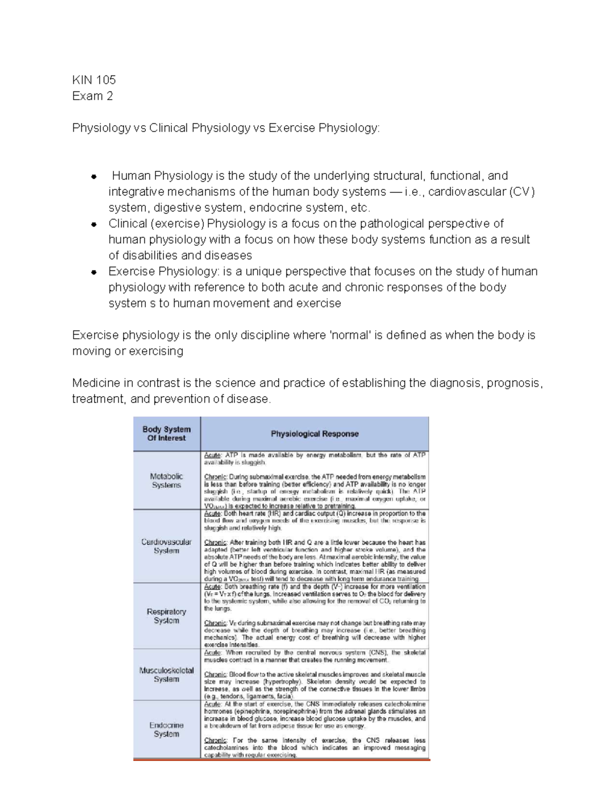 Exercise Physiology 1 - KIN 105 Exam 2 Physiology vs Clinical ...