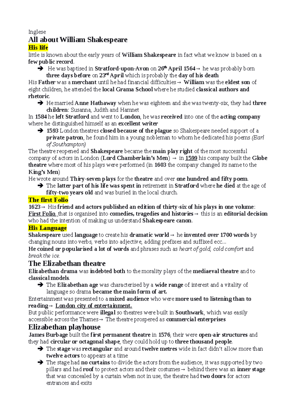Shakespeare and Elizabethan theatre - Inglese All about William ...
