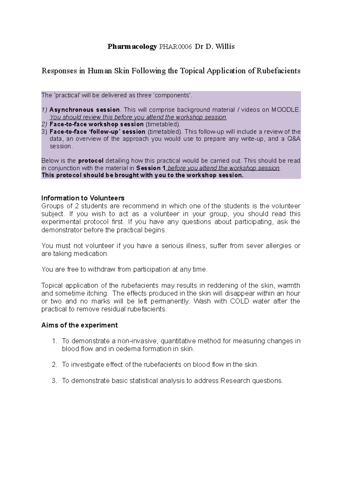 PHAR0006 rubefacients handout 22-23 - Pharmacology PHAR0006 Dr D ...