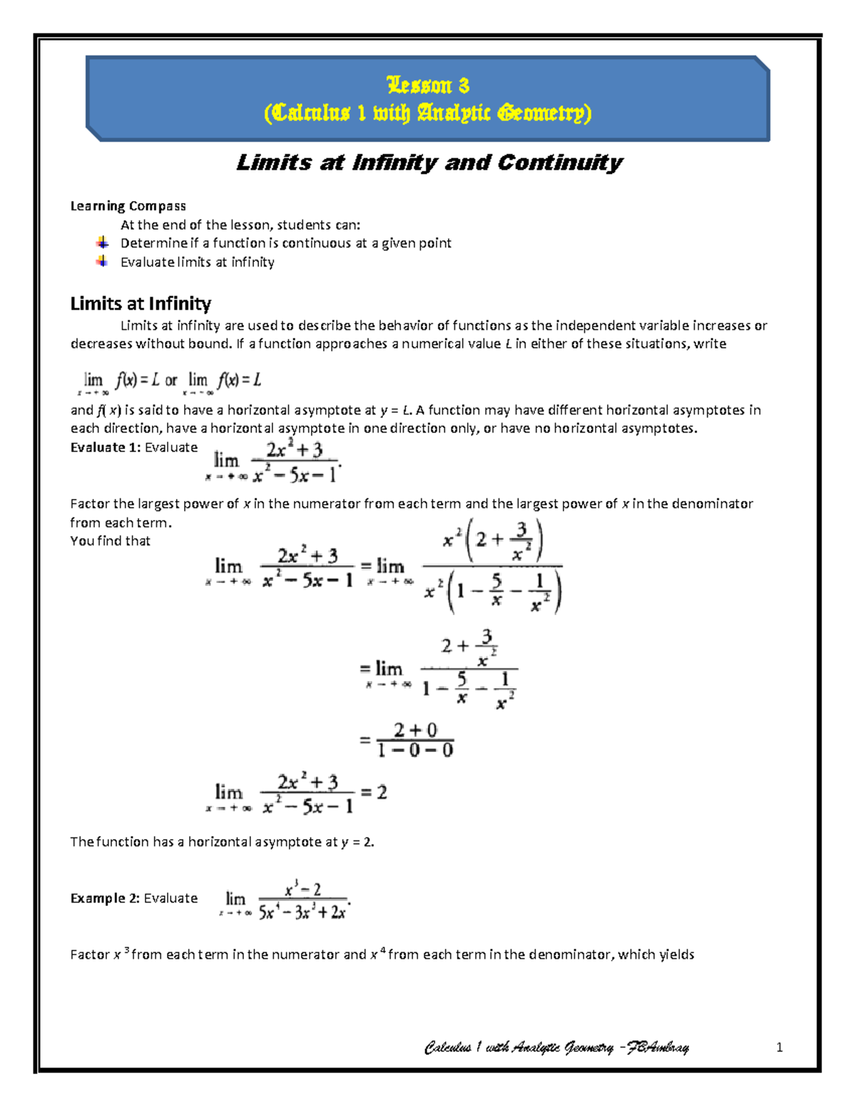 Lesson 3 Limits at Infinity and Continuity - Limits at Infinity and Continuity Learning Compass ...