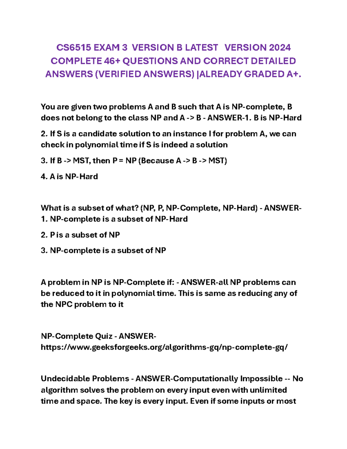 CS6515 EXAM 3 Version B Latest Version 2024 Complete 46 - CS6515 EXAM 3 ...