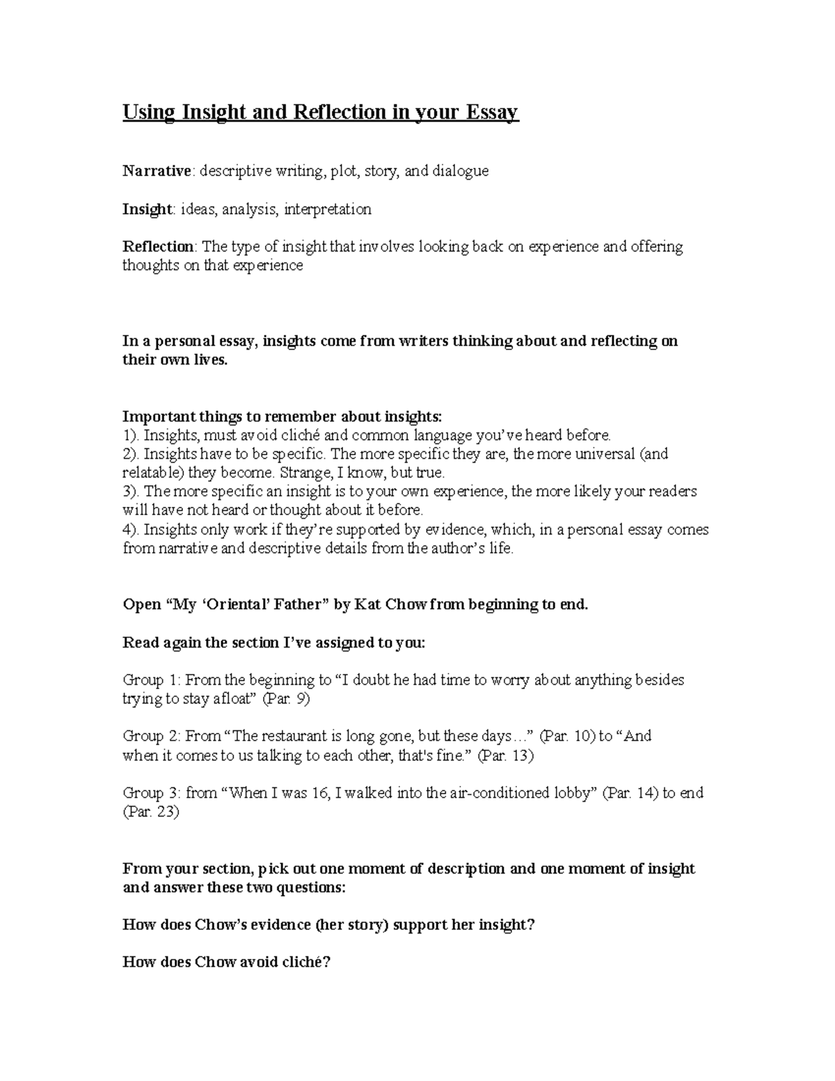 Narrative vs Insight vs Reflection Spring 2023 - Using Insight and ...