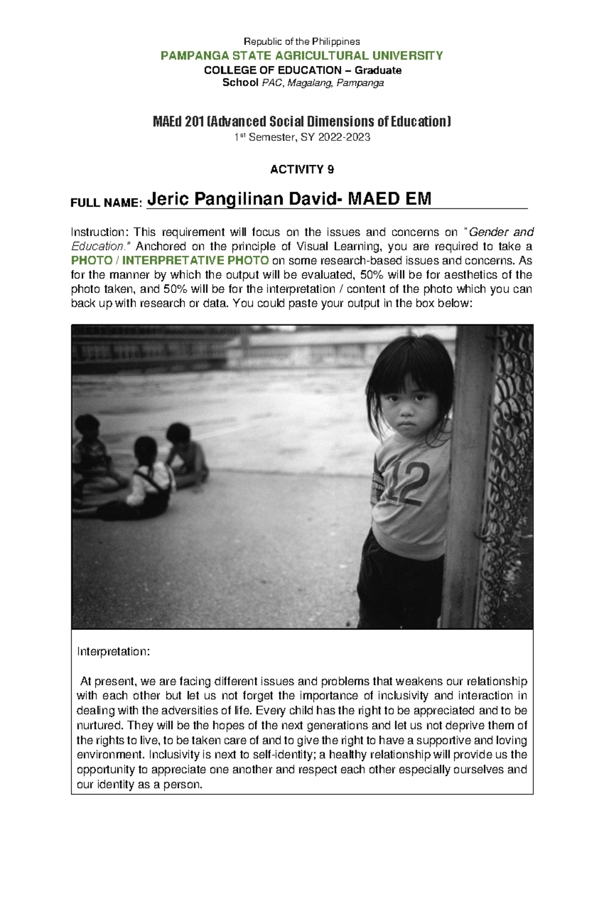 David, Jeric P. Activity-9 - Republic of the Philippines PAMPANGA STATE ...