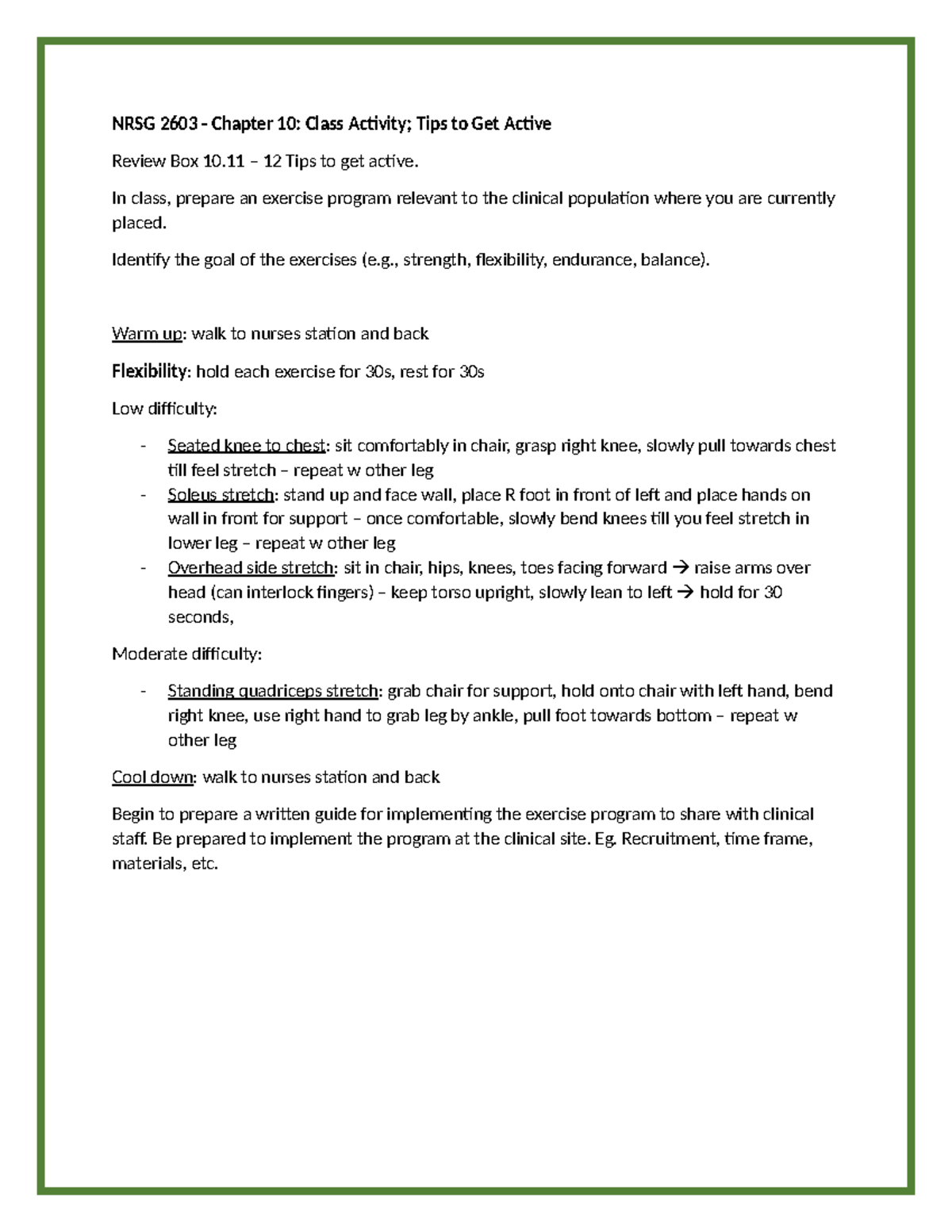 Chapter 10 Group Activity - NRSG 2603 - Chapter 10: Class Activity; Tips to Get Active Review ...