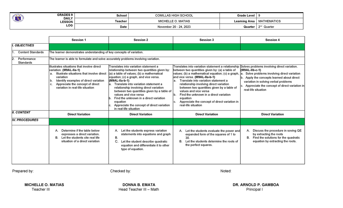 Daily Log Lessons - GRADES 9 DAILY LESSON LOG School COMILLAS HIGH ...