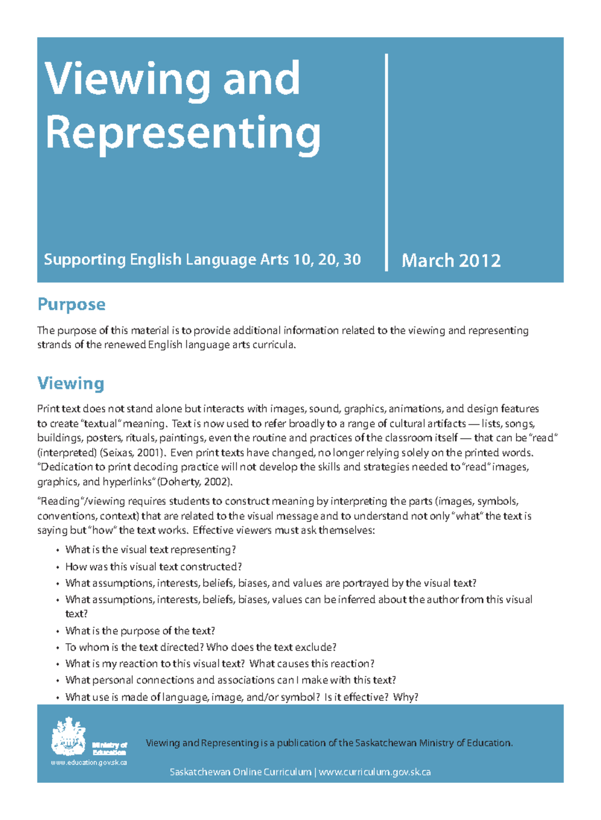 Viewing and Representing - Viewing and Representing Saskatchewan Online ...