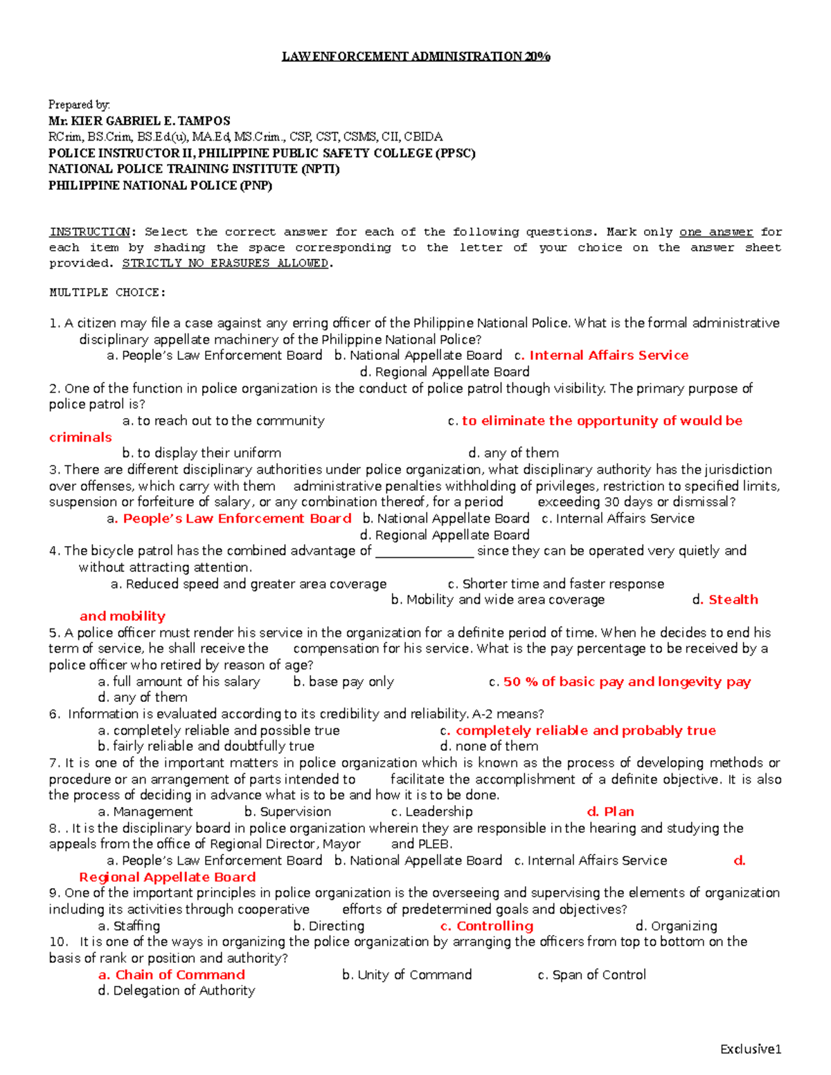 LAW Enforcement part I 100 Items - LAW ENFORCEMENT ADMINISTRATION 20% ...