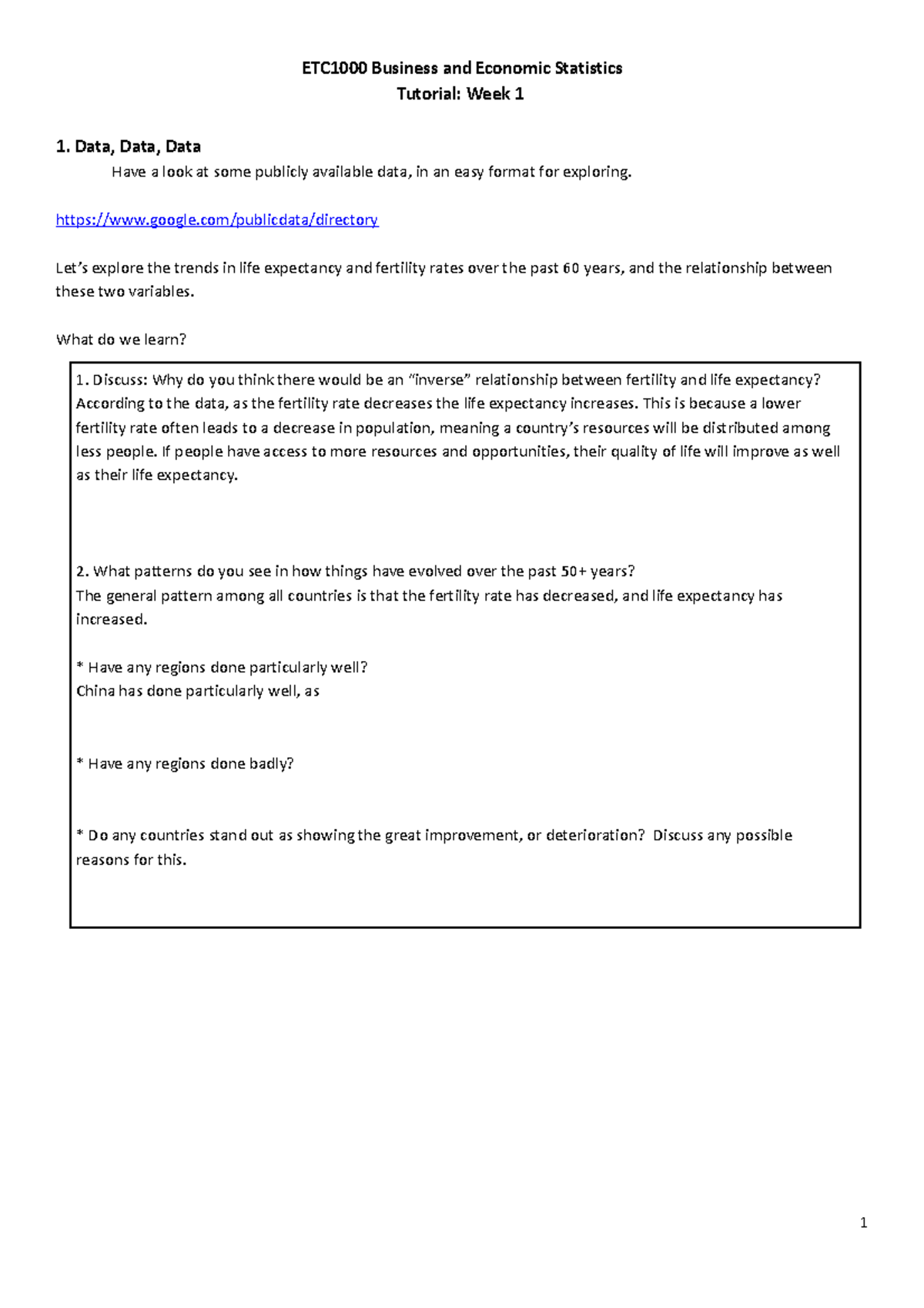 Tutorial Outline Week 1 - ETC1000 Business and Economic Statistics ...