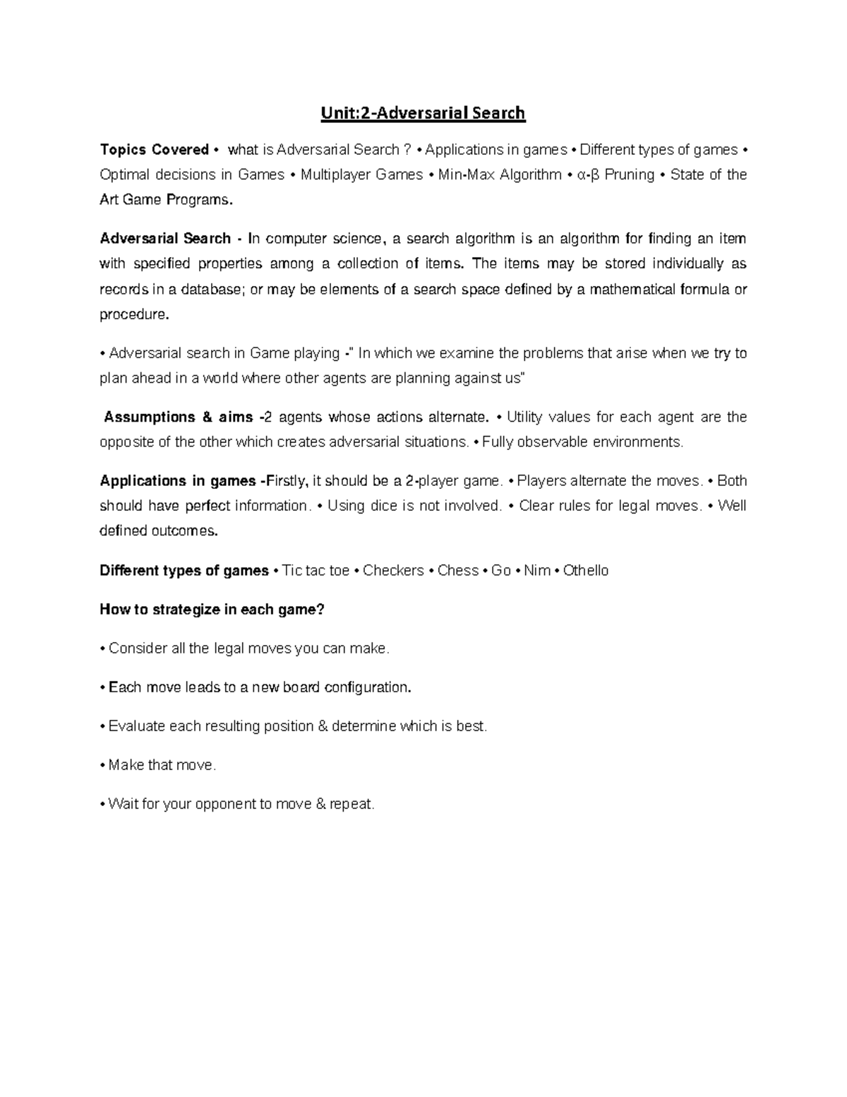 AIML mod 2 - read this - Unit:2-Adversarial Search Topics Covered ...