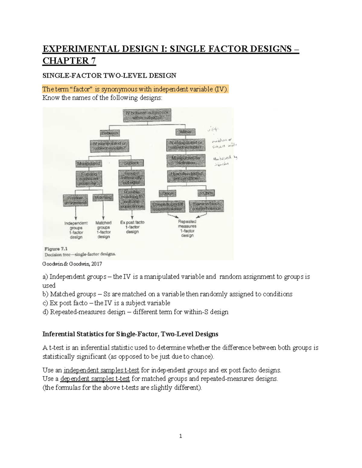 Chap 7 notes - EXPERIMENTAL DESIGN I: SINGLE FACTOR DESIGNS – CHAPTER 7 ...