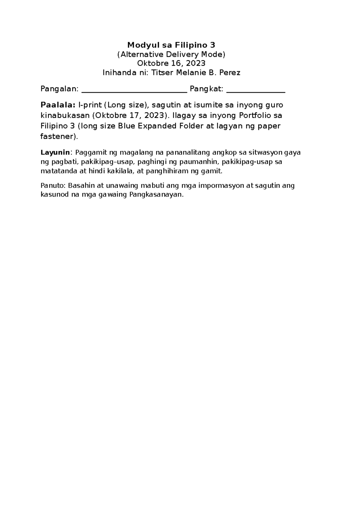 Modyul sa Filipino 3 Oktobre 16 2023 - Modyul sa Filipino 3 ...