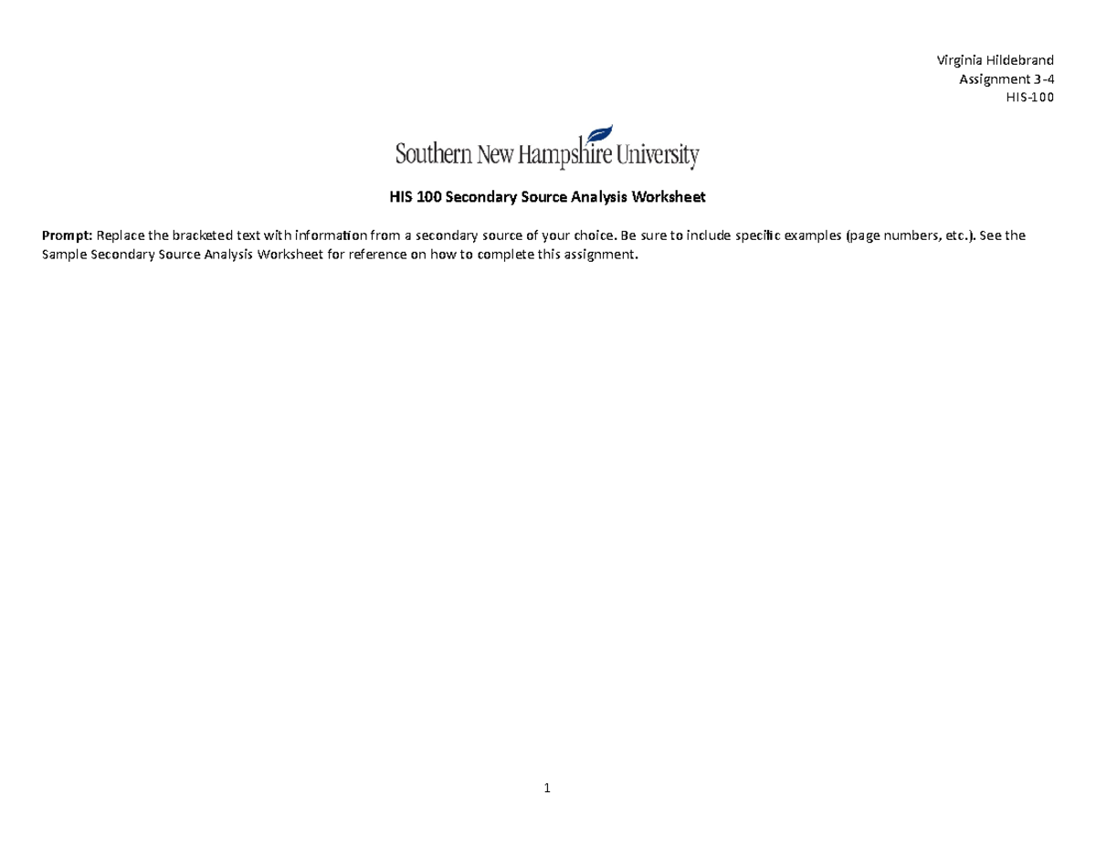 HIS 100 Secondary Source Analysis Worksheet - Virginia Hildebrand ...