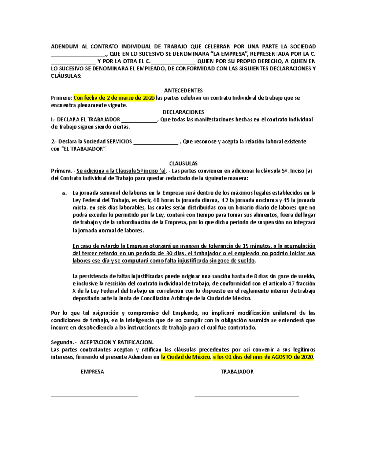 Adendum Sanciones POR Retardos - ADENDUM AL CONTRATO INDIVIDUAL DE ...