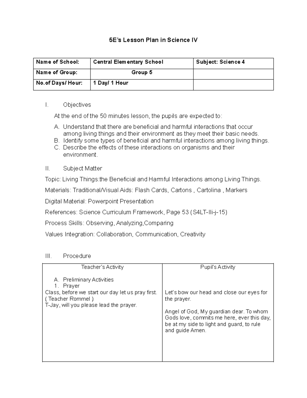 5ES-Lesson-Plan Groupings - 5E’s Lesson Plan in Science IV Name of ...