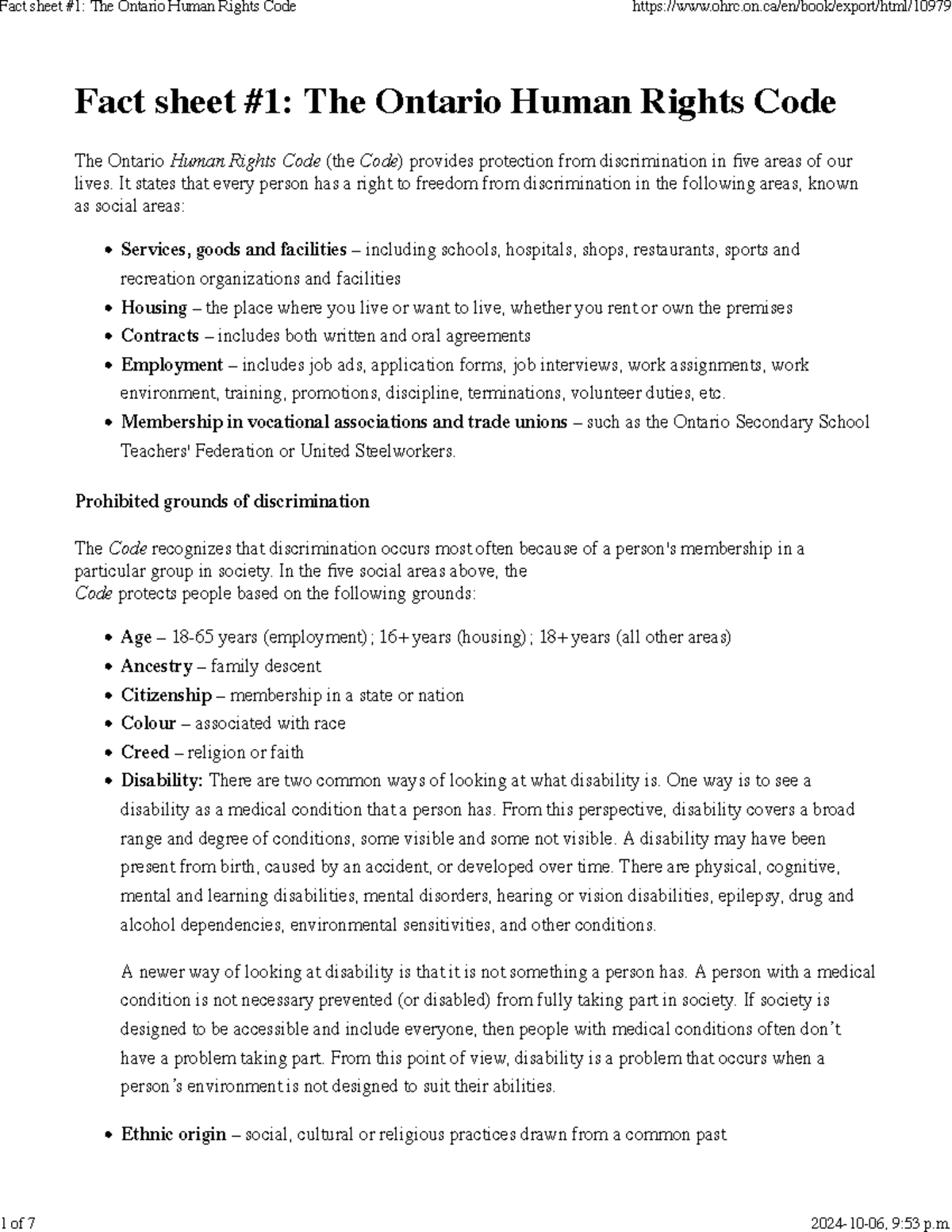Topic 12 supplementary Ontario Human Rights Code fact sheet #1 - Fact ...