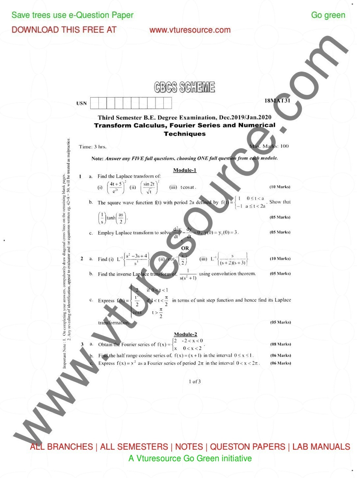 Jan-2020 - Sample question paper - Engineering mathematics - Studocu