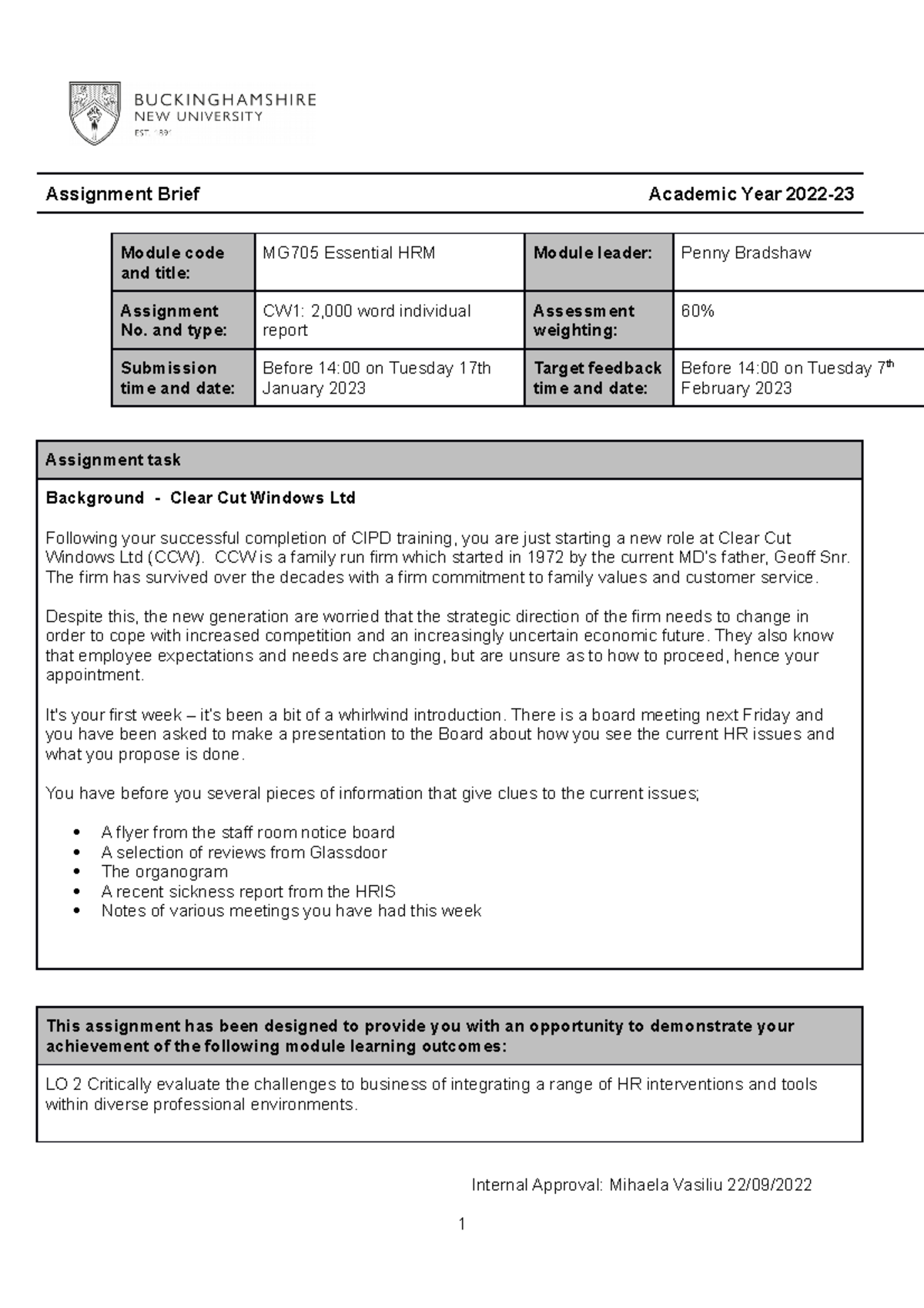 MG705 CW1 CCW - Assignment Brief Academic Year 2022- Module code and title: MG705 Essential HRM ...