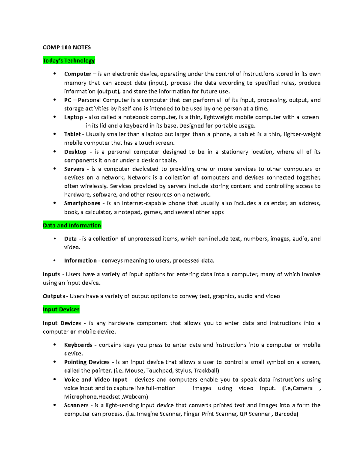 COMP 100 Notes - COMP 100 NOTES Today’s Technology Computer – is an ...