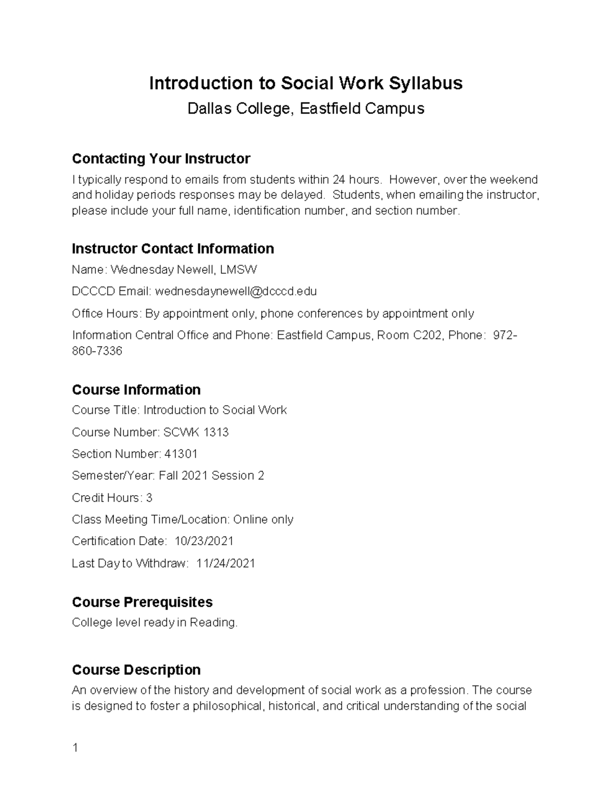 SCWK 1313 Syllabus - N/A - Introduction to Social Work Syllabus Dallas ...