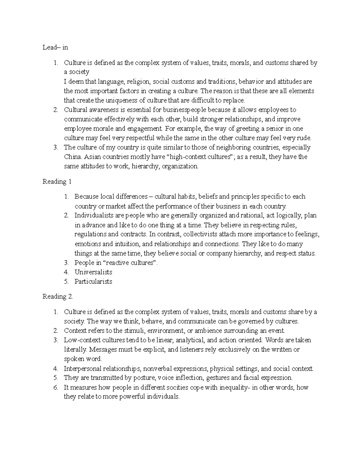 UNIT 4 - sth - Lead– in 1. Culture is defined as the complex system of ...