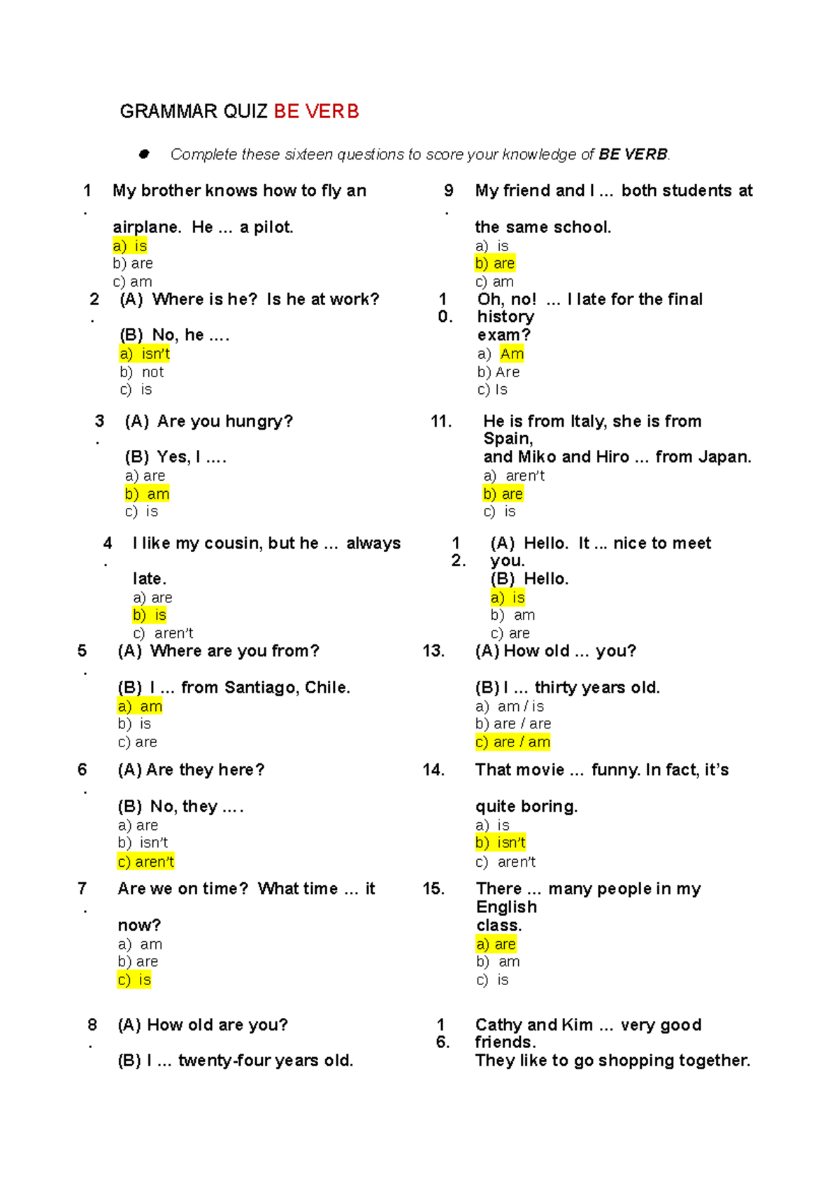 Grammar QUIZ BE VERB - Ejercicios de gramática Verbo to be - GRAMMAR ...