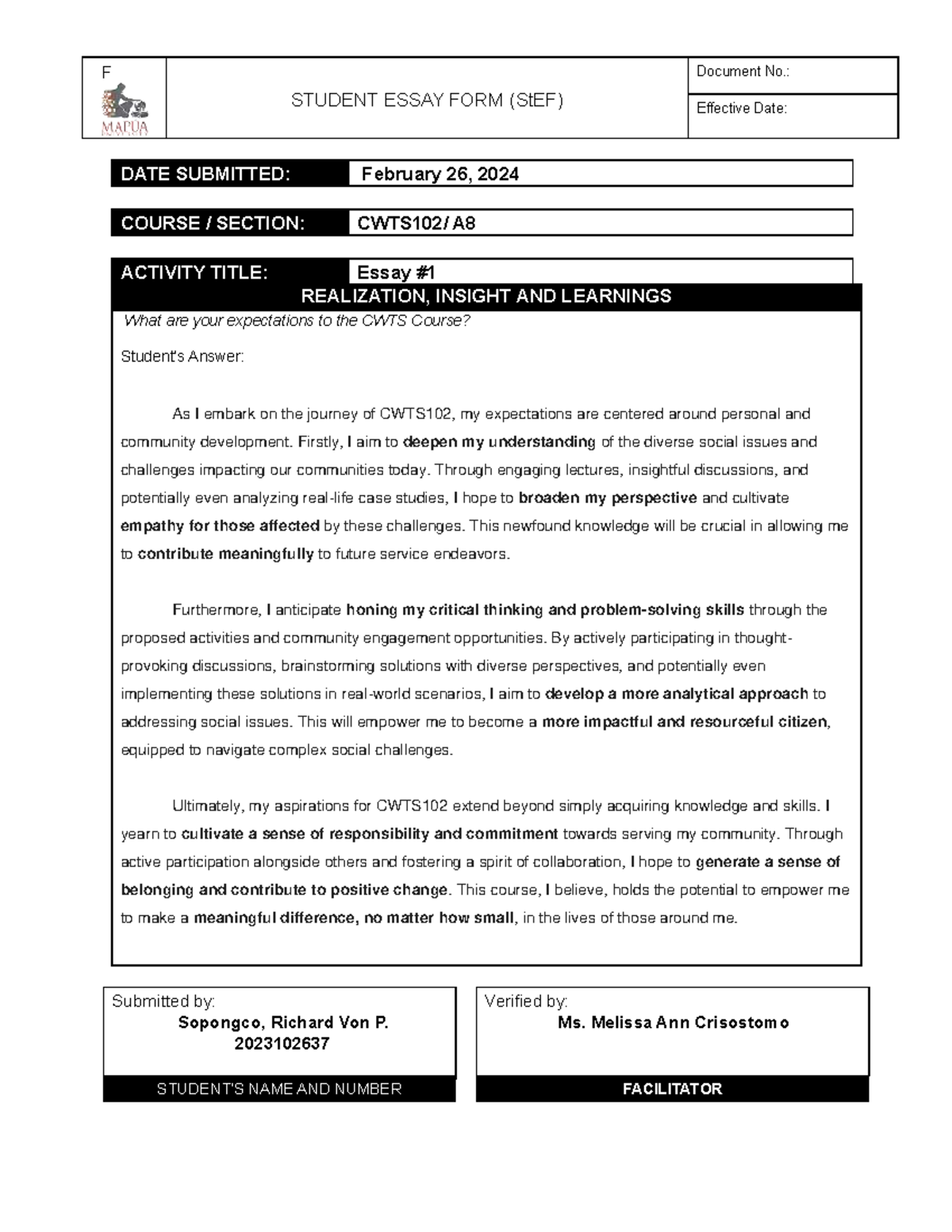 Sample Essay 1 in CWTS - F STUDENT ESSAY FORM (StEF) Document No ...