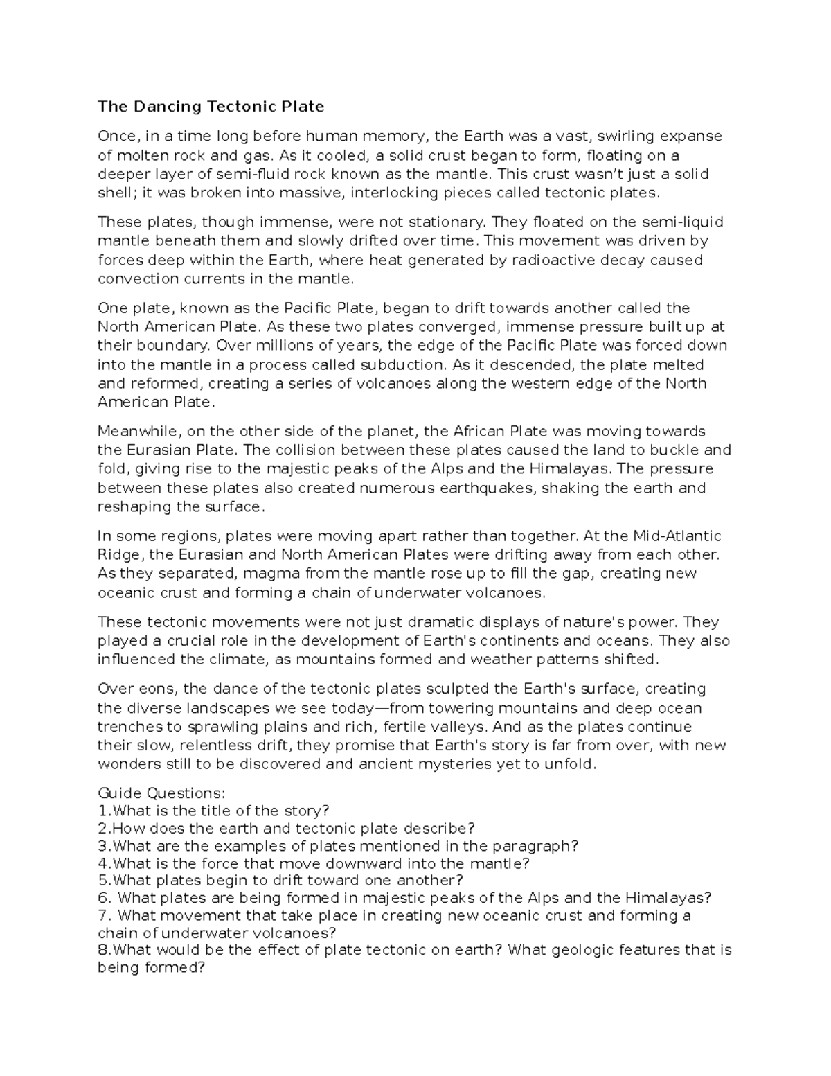Reading-TEXT-The Dancing Tectonic Plate - The Dancing Tectonic Plate ...