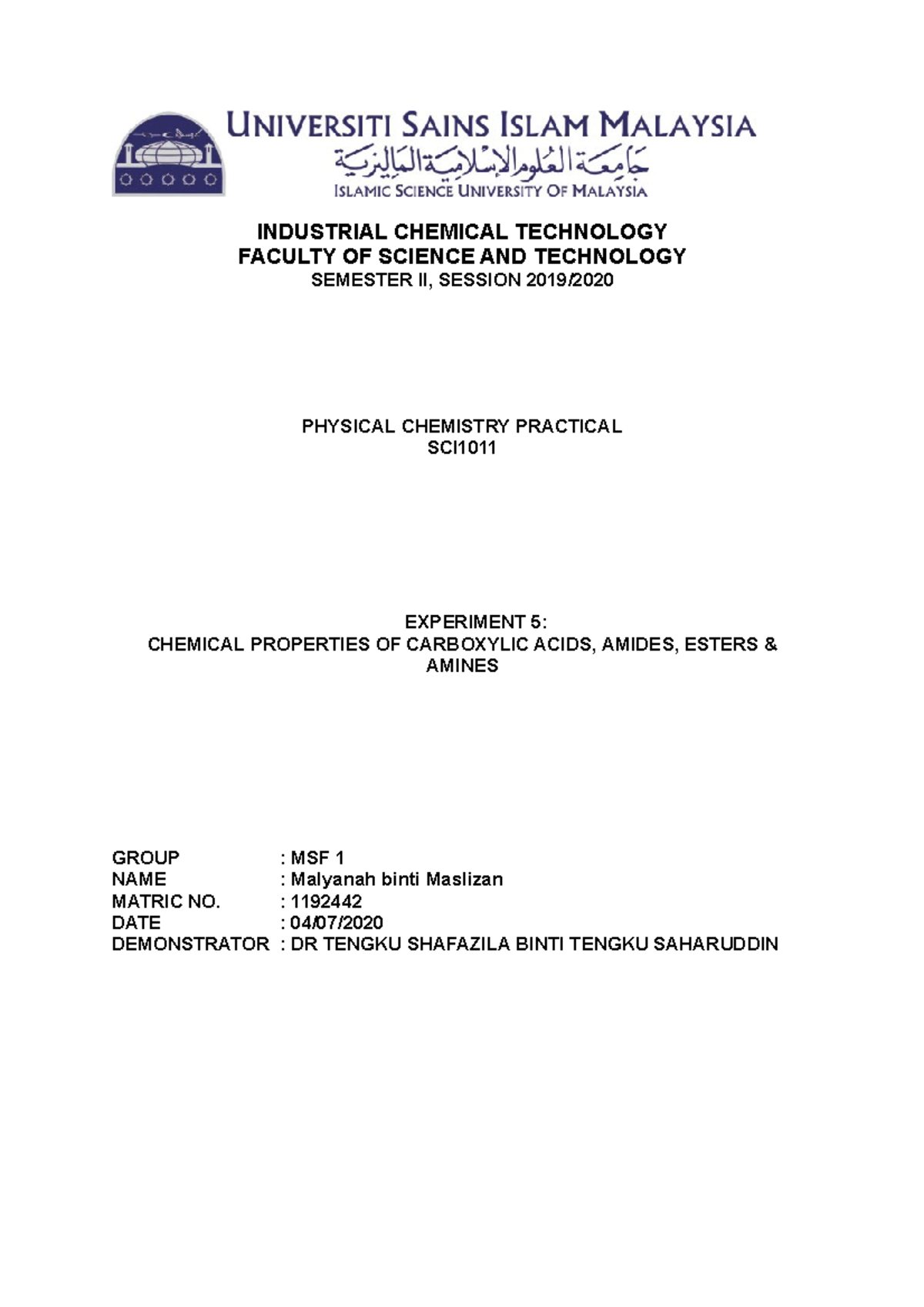 Full Report Experiment 5 - INDUSTRIAL CHEMICAL TECHNOLOGY FACULTY OF ...