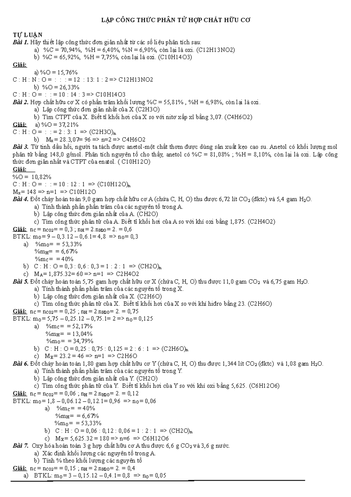 BTĐT VỀ LẬP CÔNG THỨC PHÂN TỬ HCHC - LẬP CÔNG THỨC PHÂN TỬ HỢP CHẤT HỮU CƠ TỰ LUẬN Bài 1. Hãy ...