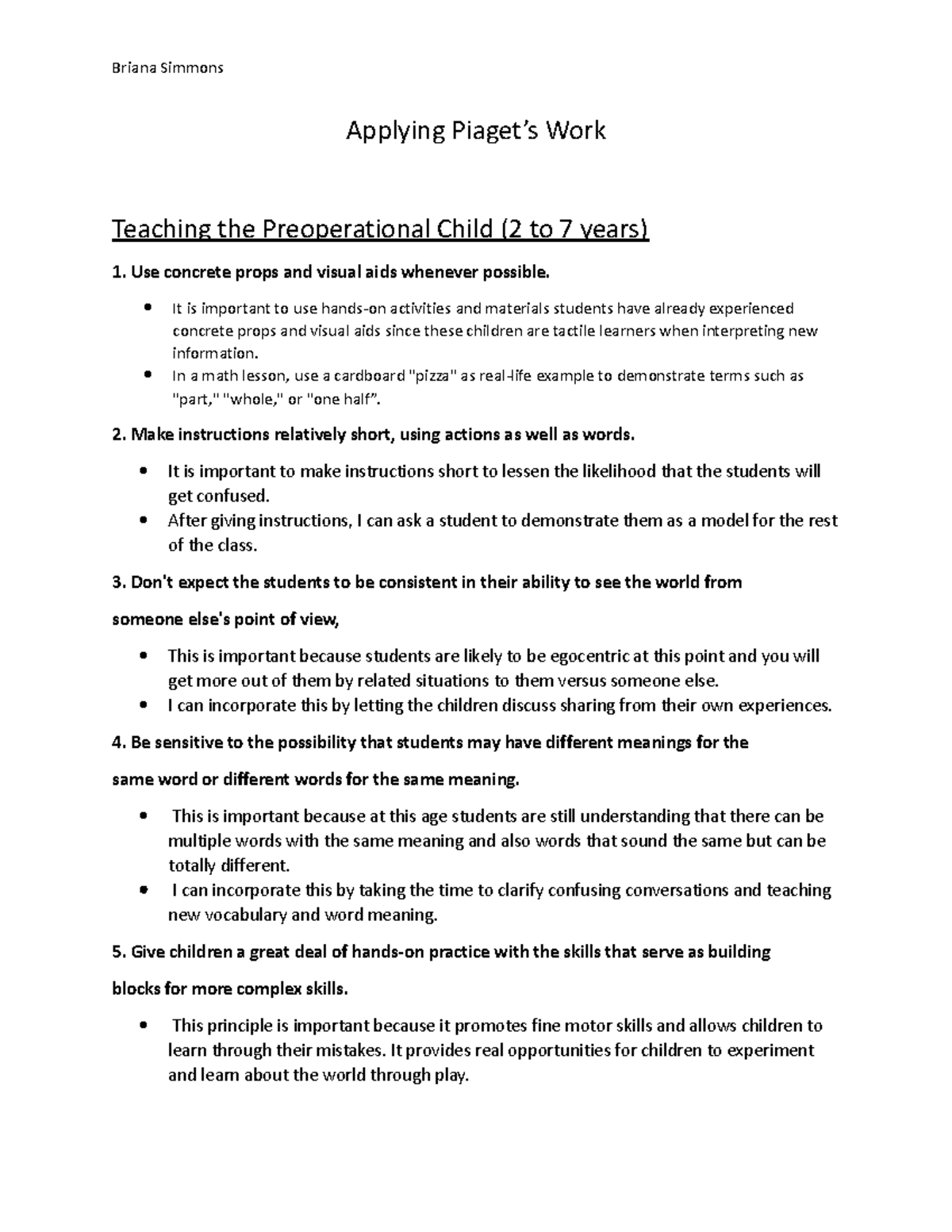 Applying Piaget BS - Applying Piaget’s Work Teaching the Preoperational ...