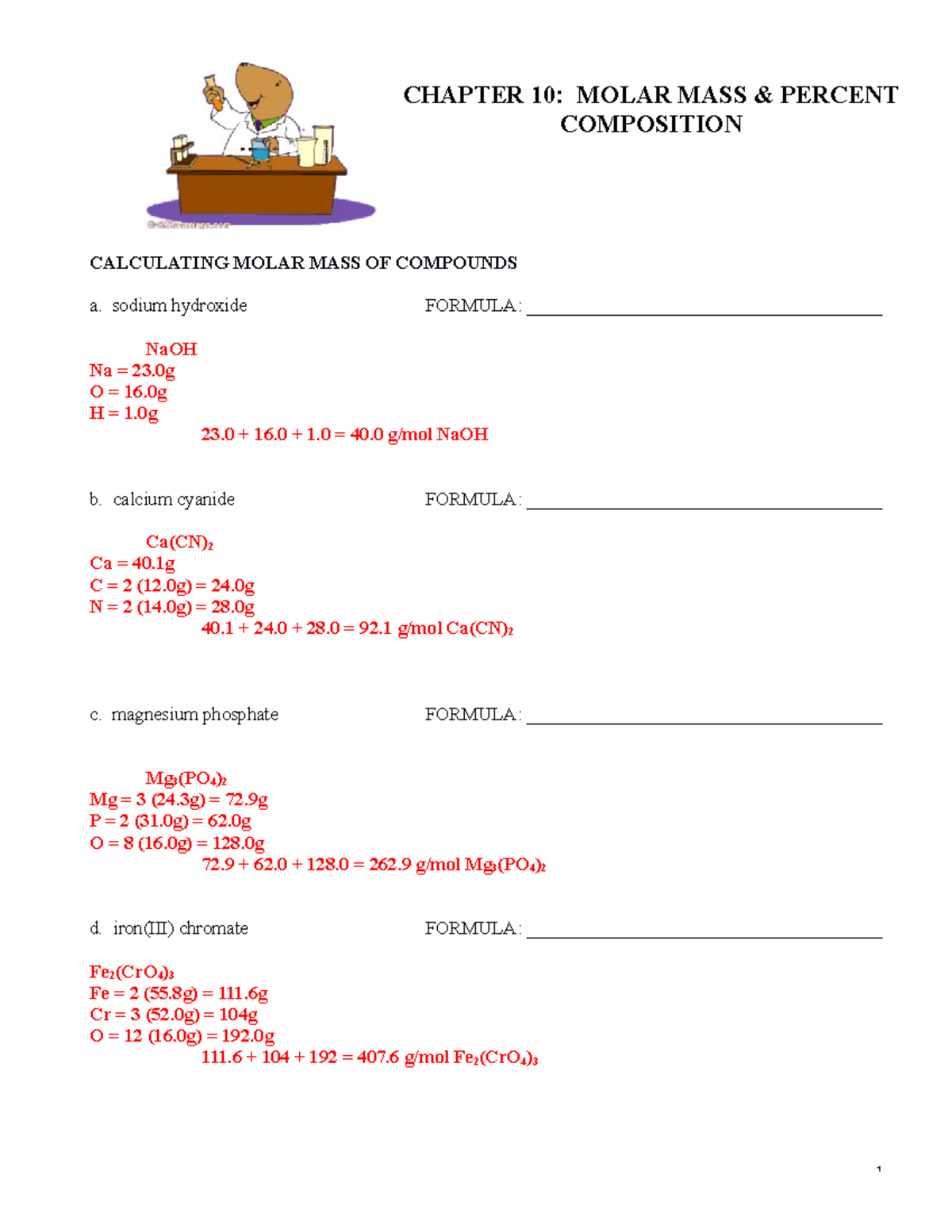 Molar mass and percent comp notes KEY MG - CALCULATING MOLAR MASS OF ...