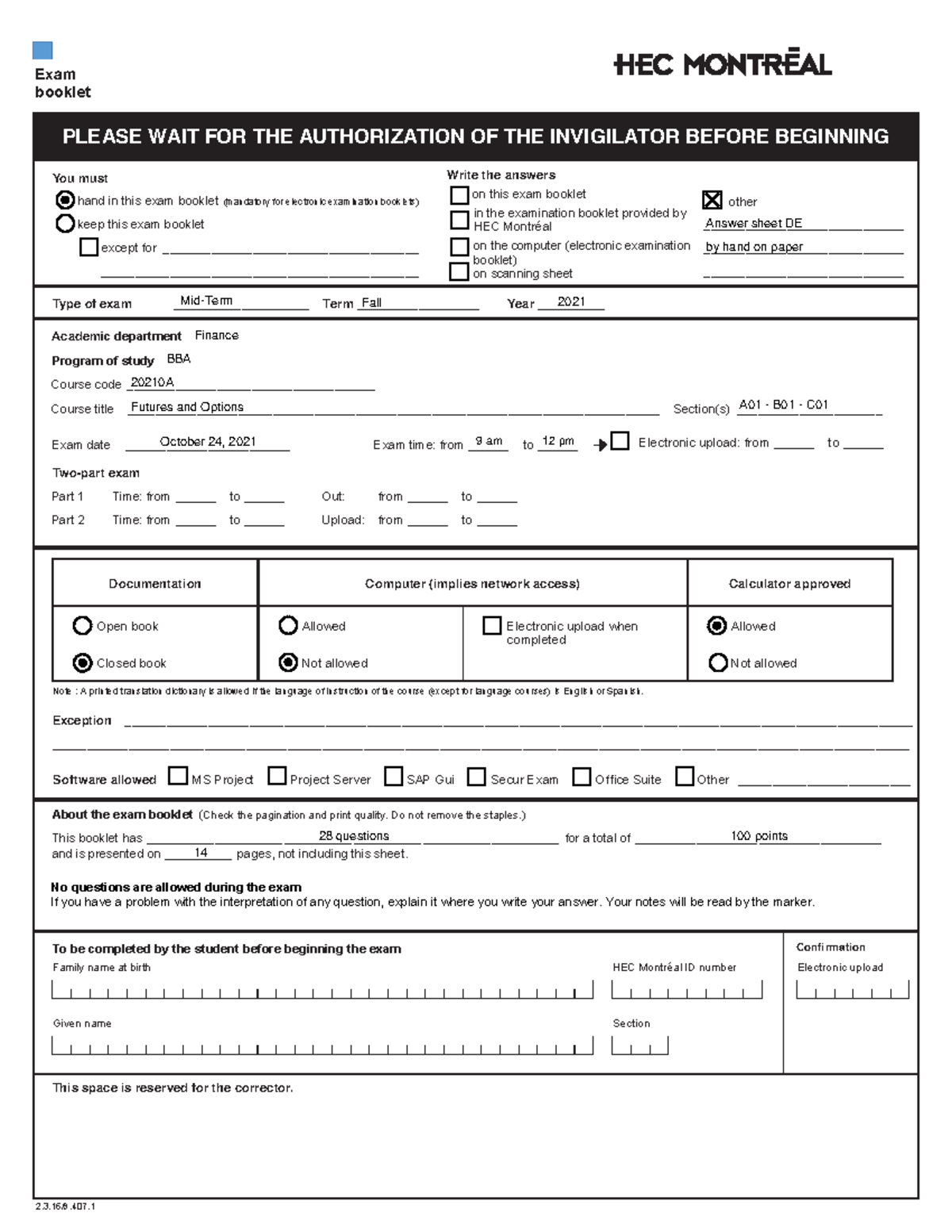 20210 A - Midterm Exam Fall 2021 anglo distance - Exam booklet You must ...