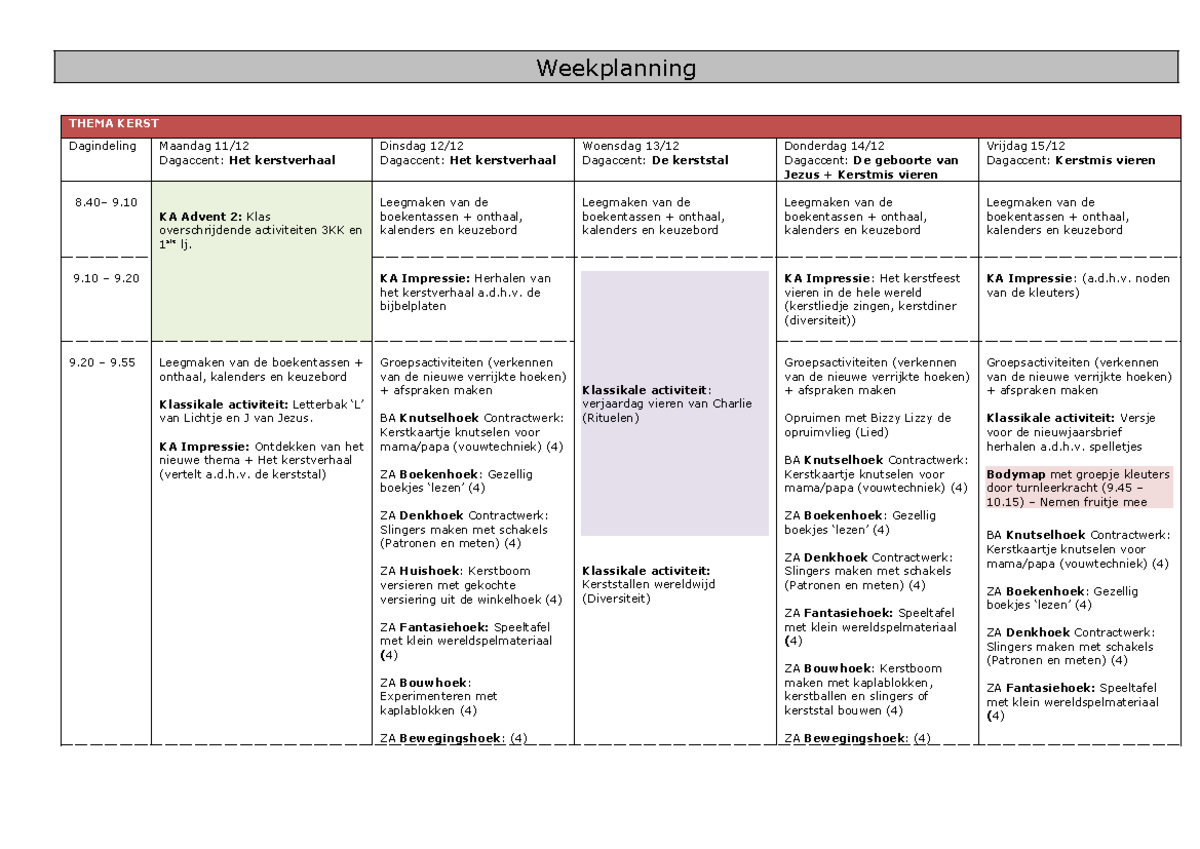 Weekschema 5 Thema kerst - THEMA KERST Dagindeling Maandag 11 ...