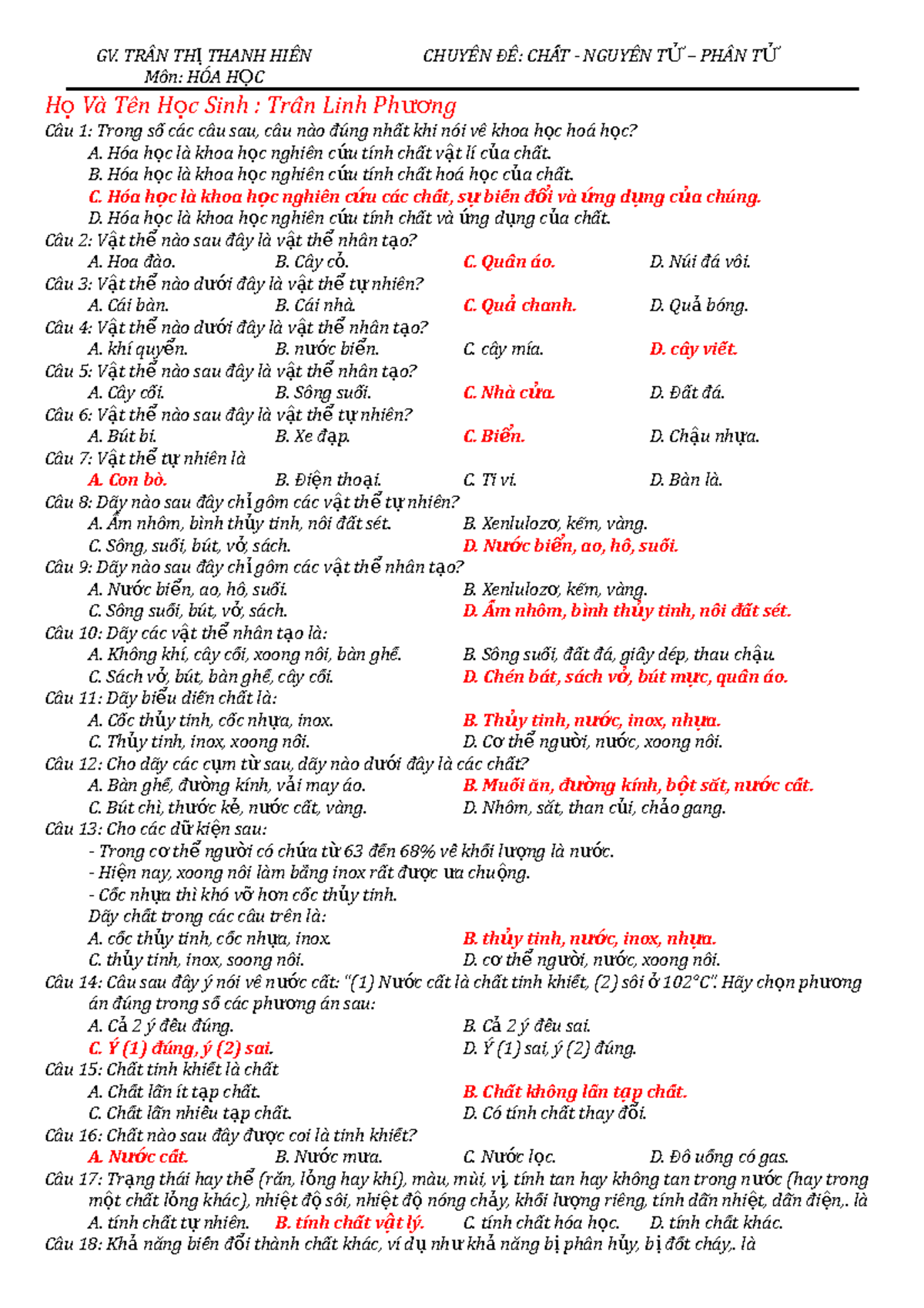 Hóa Lớp 8 - HOA 8 - GV. TRẦN TH THANH HIÊNI Môn: HOA H CO CHUYÊN ĐỀ: CHẤT - NGUYÊN T – PHÂN TƯ ...