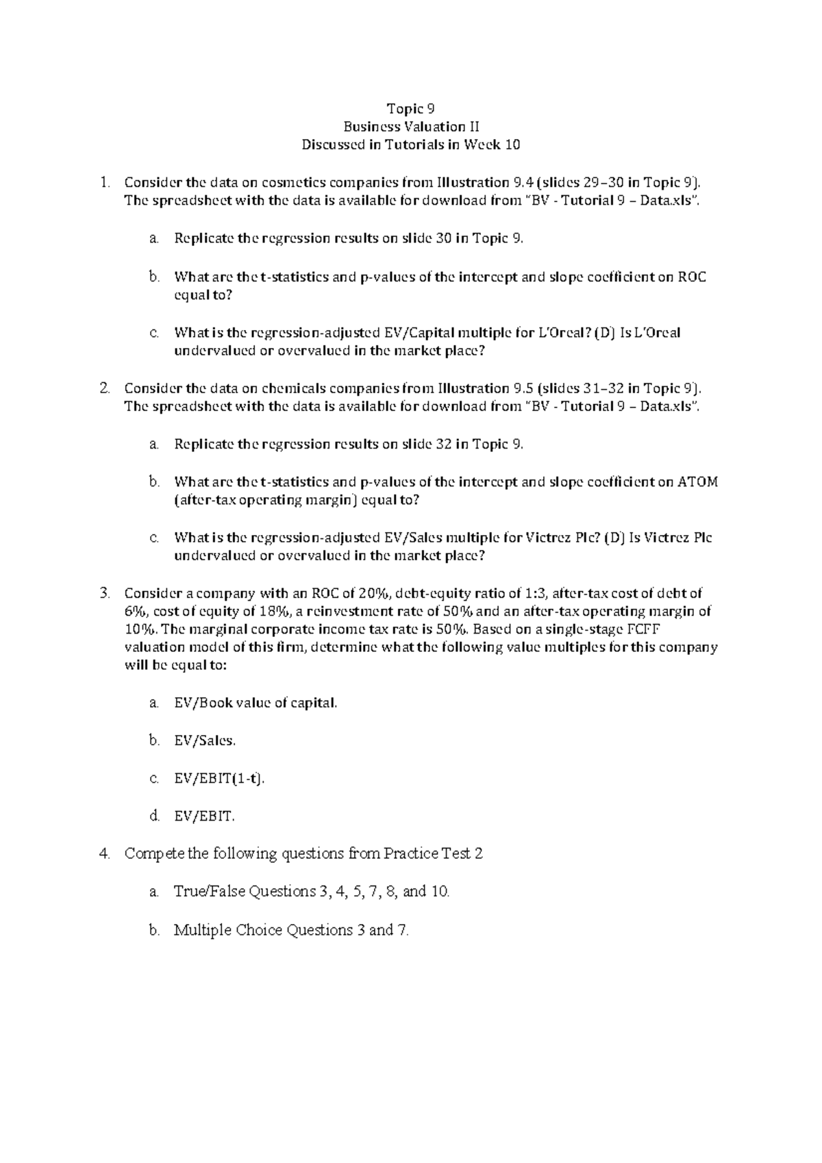 BV - Tutorial 9 - asad - Topic 9 Business Valuation II Discussed in ...