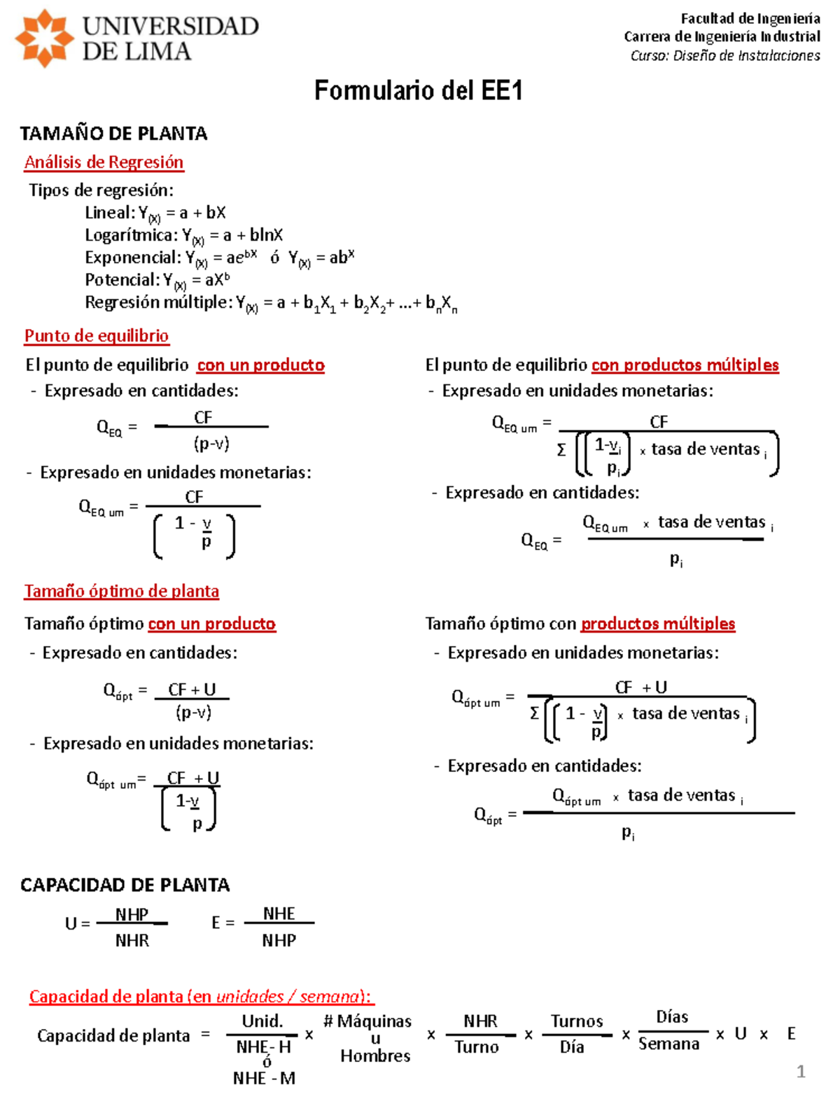 Formulario Examen escrito 1 - EE1 2024-2 705 - Formulario del EE El punto de equilibrio con ...