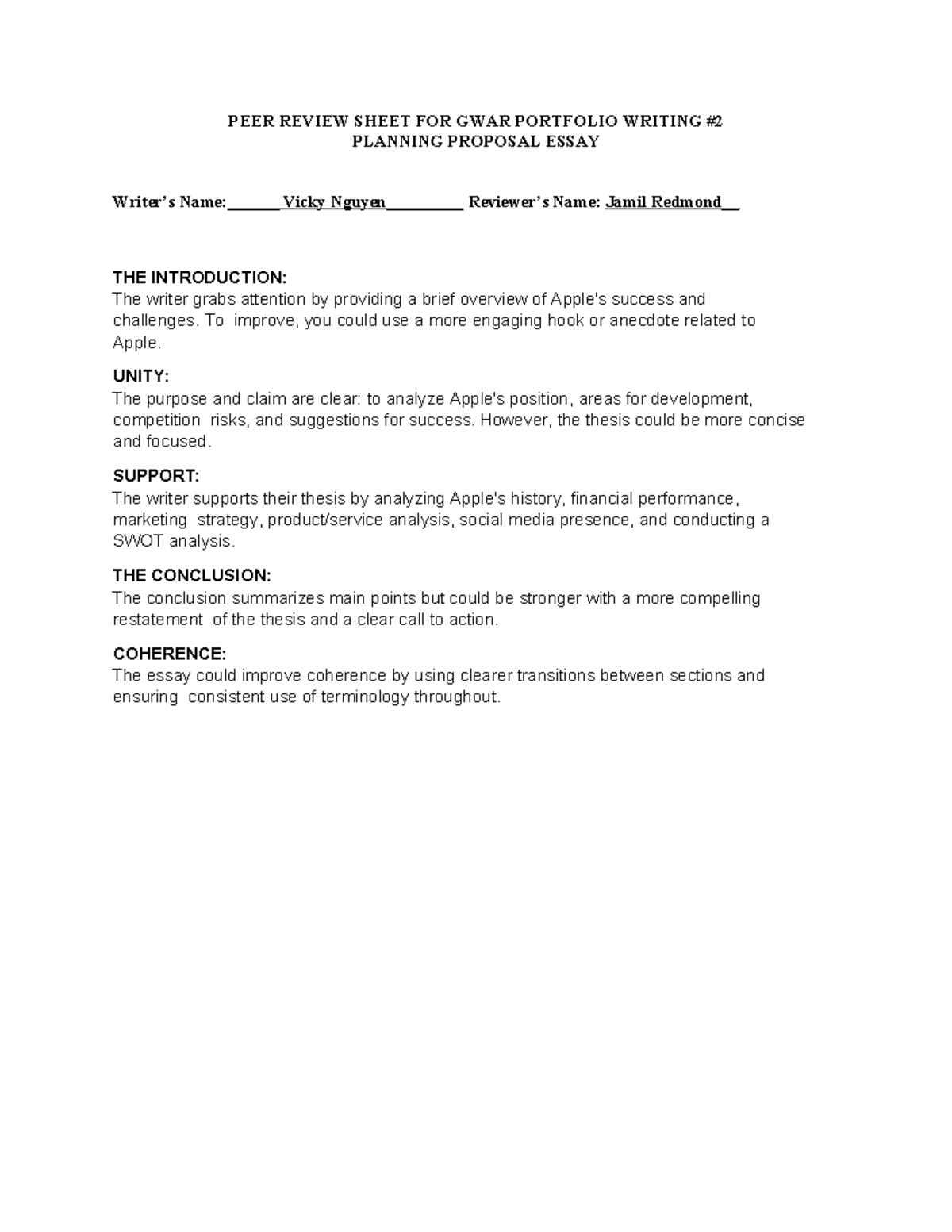 Vicki Peer Review 2 - peer reiview - PEER REVIEW SHEET FOR GWAR ...