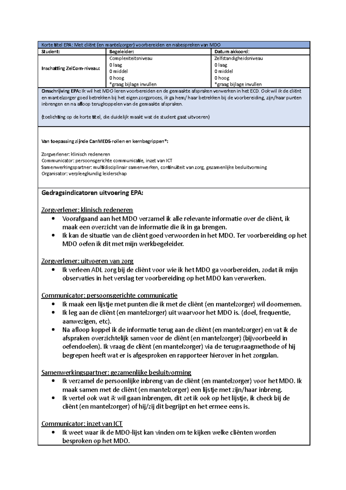 EPA MDO - Deze EPA omschrijft het uitvoeren van een MDO - Korte titel EPA: Met cliënt (en ...