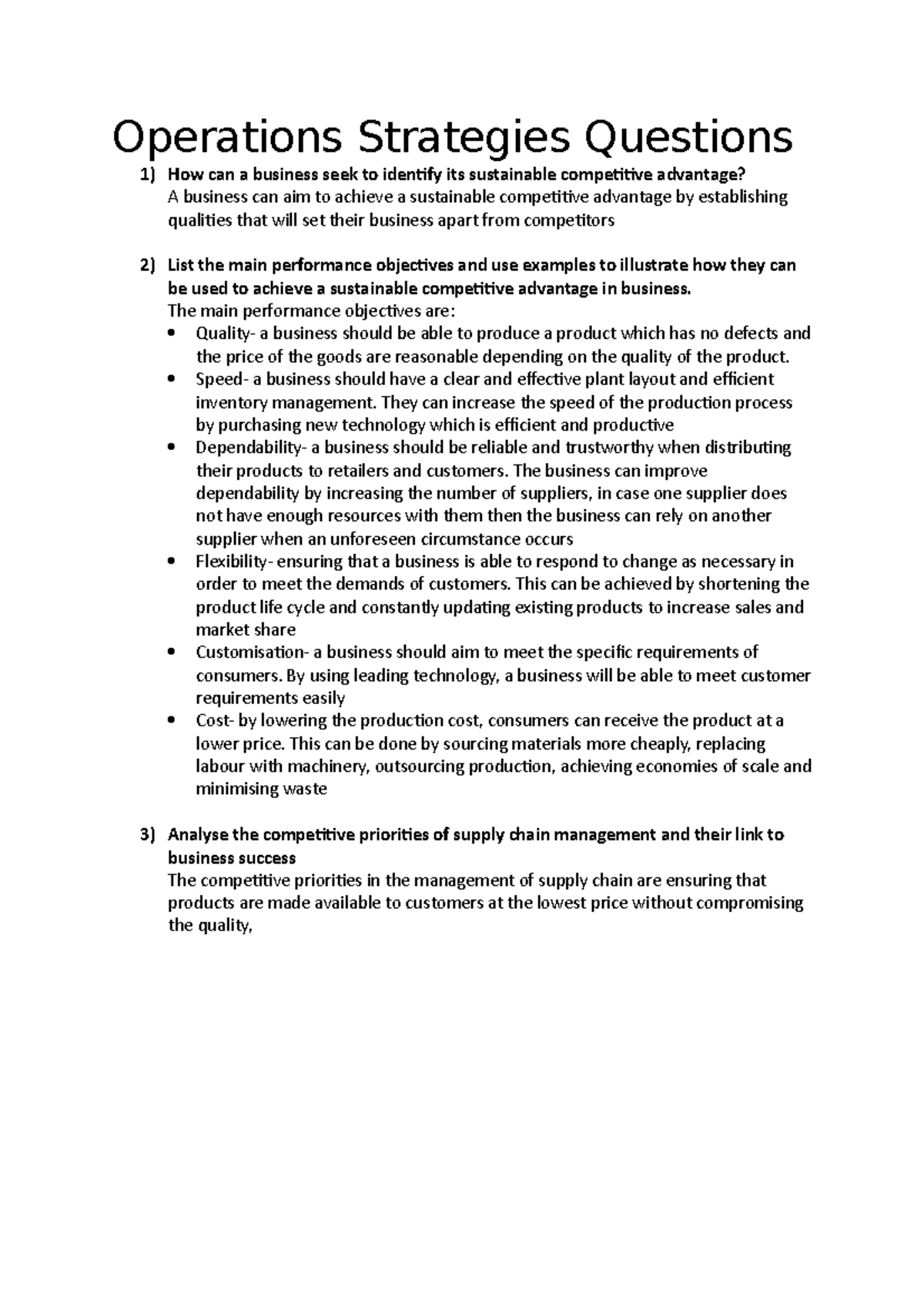 Operations Strategies Questions - The main performance objectives are ...